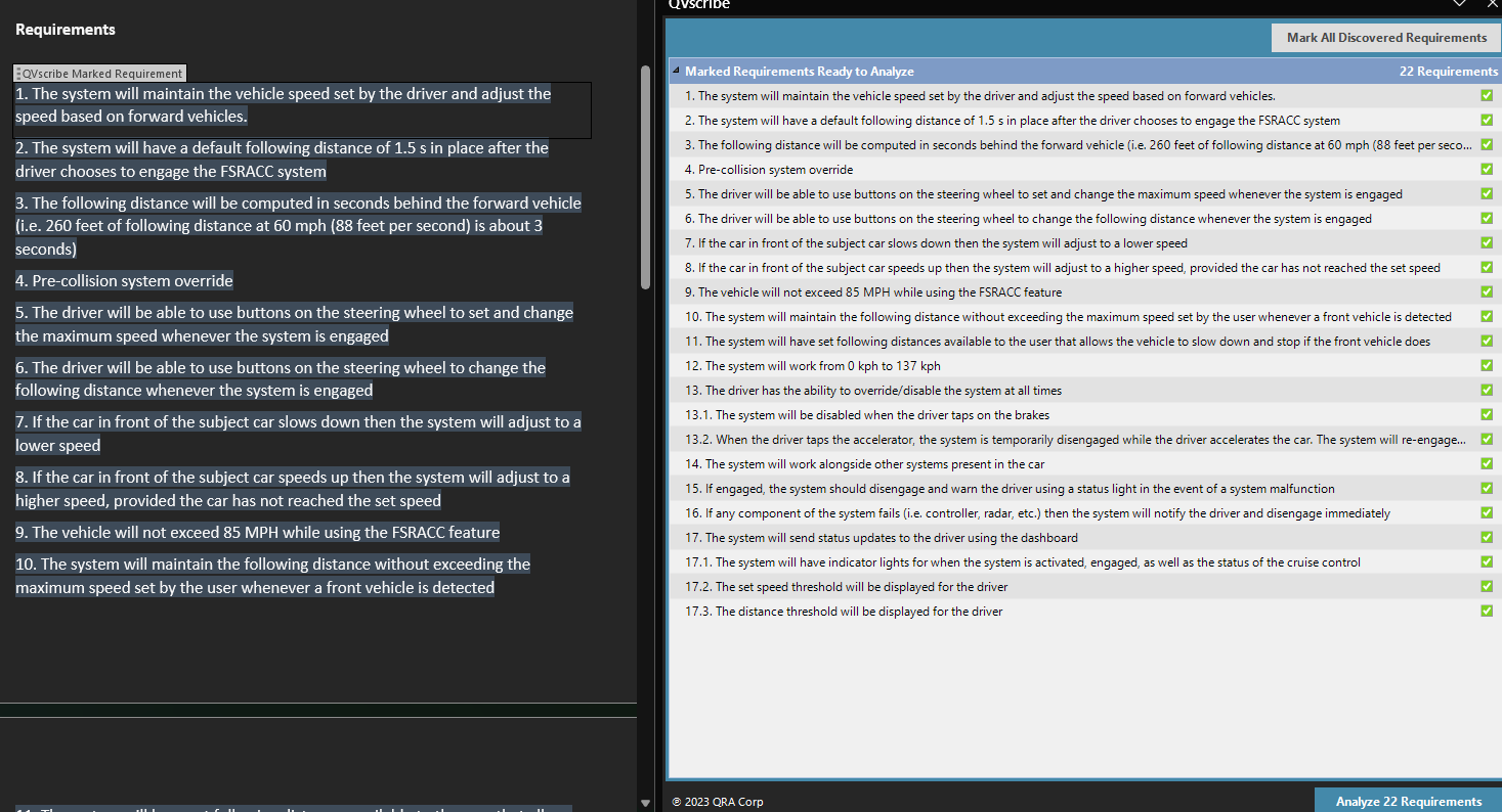 Selecting your Requirements in QVscribe for Word